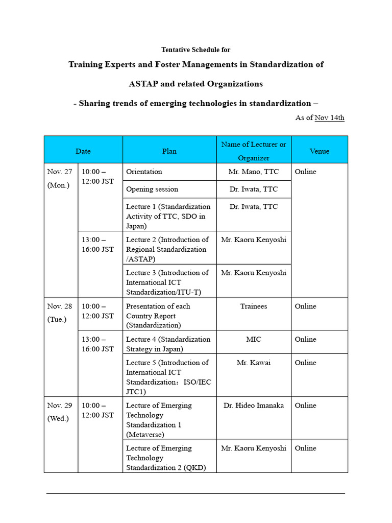TentativeSchedule r1 20231116 | PDF | International Organization For Standardization | Regulation