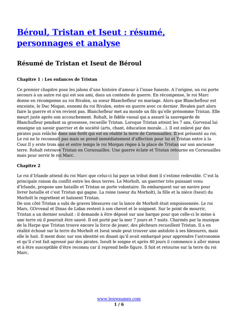Beroul Tristan Et Iseut Resume Personnages Et Analyse | PDF | Tristan ...