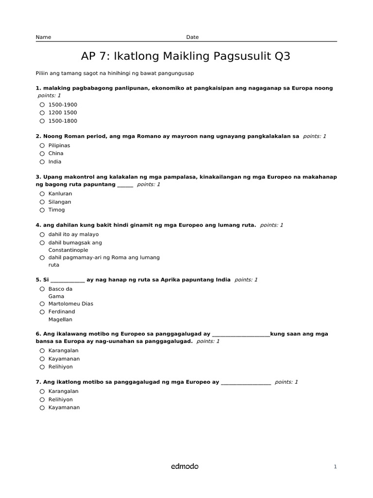 AP 7 - Ikatlong Maikling Pagsusulit Q3 | PDF