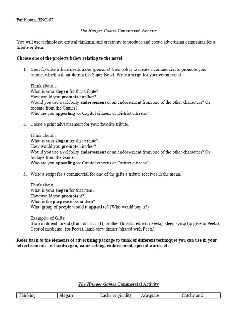 Eng4u THG Commercial Activity1 | PDF | Advertising | The Hunger Games