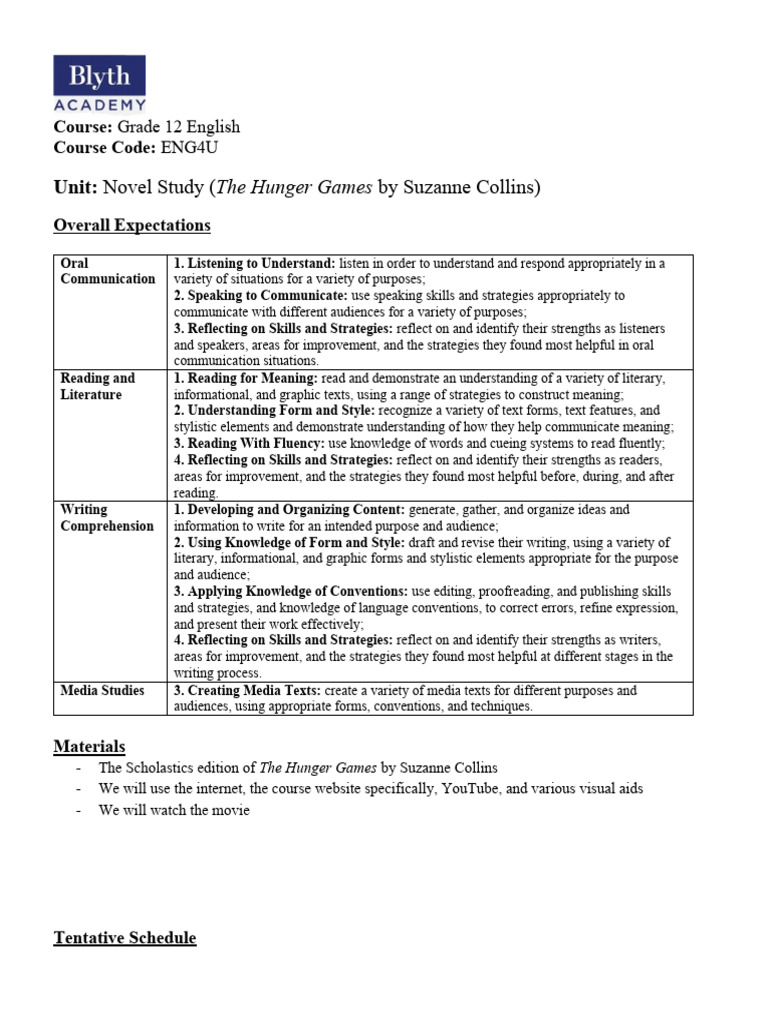 Eng4u The Hunger Games Unit Plan | PDF | The Hunger Games | Communication