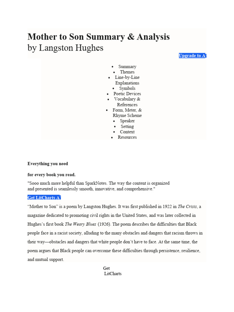 Mother To Son Summary | PDF | Harlem Renaissance | Poetry