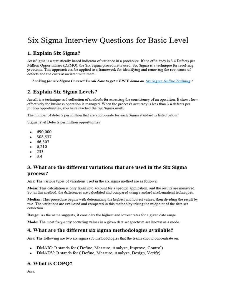 Six Sigma Interview Questions For Basic Level | PDF