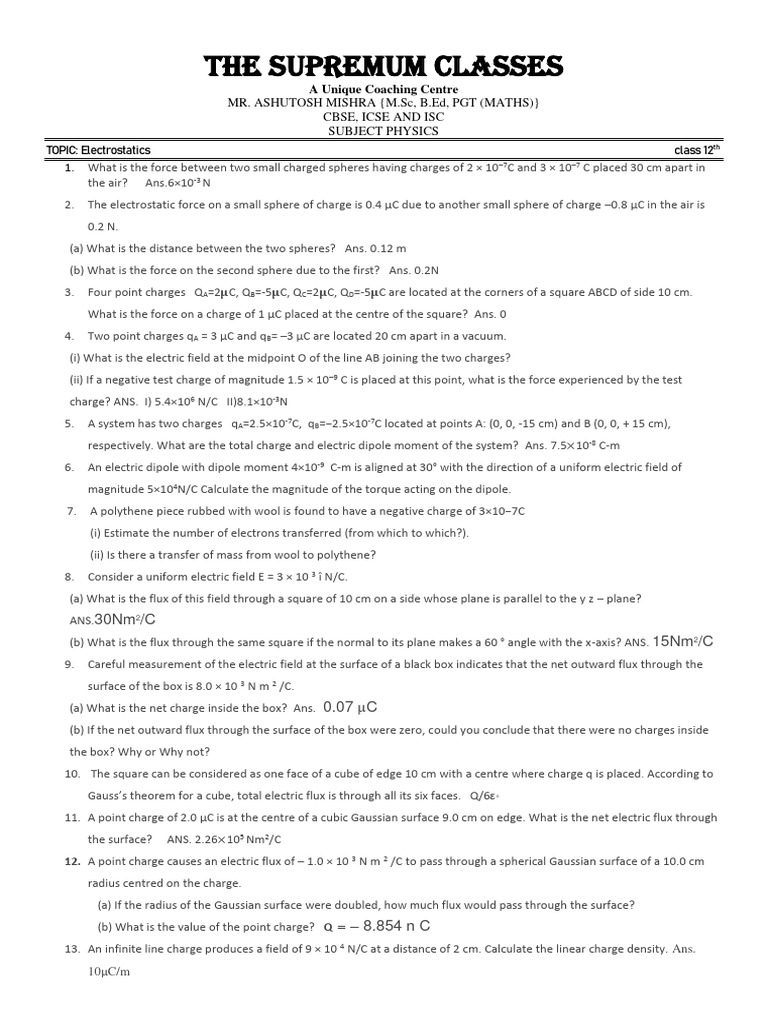 Electrostatics Problems for Class 12 | PDF | Capacitance | Capacitor