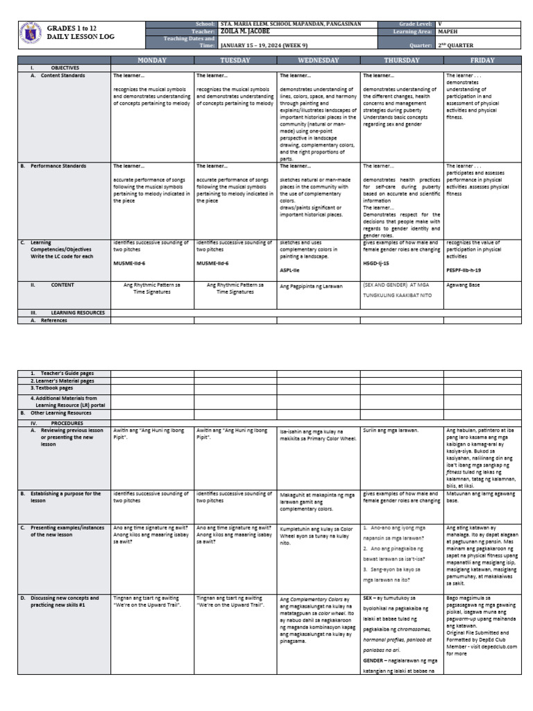 DLL - Mapeh 5 - Q2 - W9 | PDF | Learning | Cognitive Science