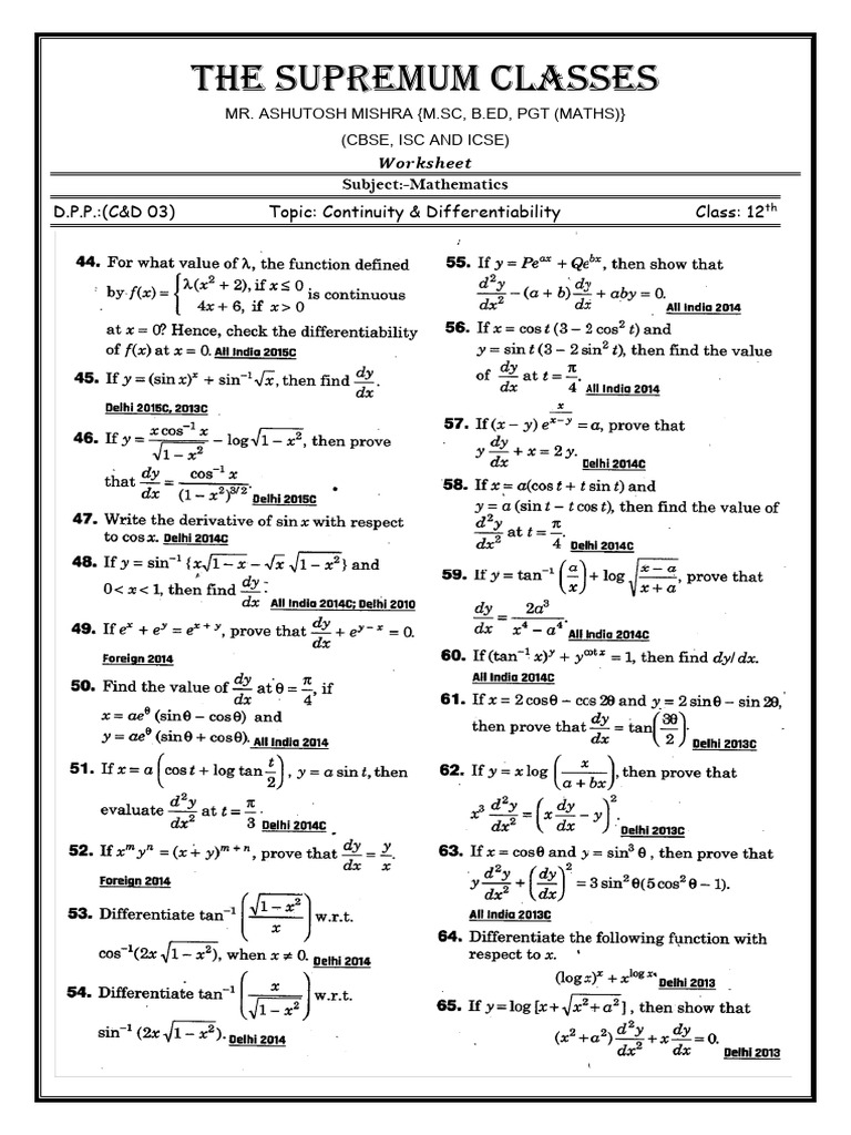 Class 12 TH, Continuity&Differentiability, Worksheet, TSC | PDF | Teaching Methods & Materials ...