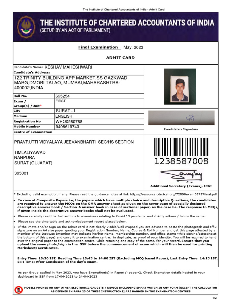 ICAI Final Exam Admit Card May 2023 | PDF