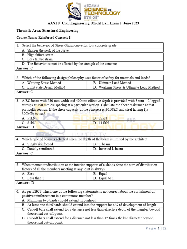 AASTU Civil Engineering Department Model Exit Exam 2 2022 23 A Y | PDF