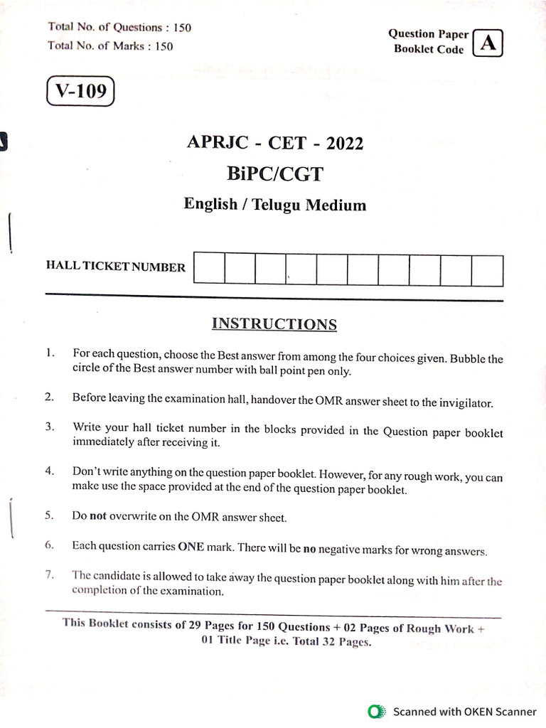 APRJC - BiPC Model Question Paper - 2022 | PDF