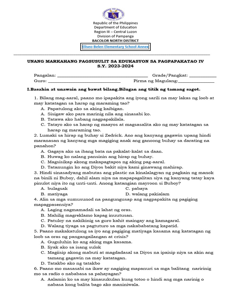 1st PT EsP4 2023 2024 | PDF