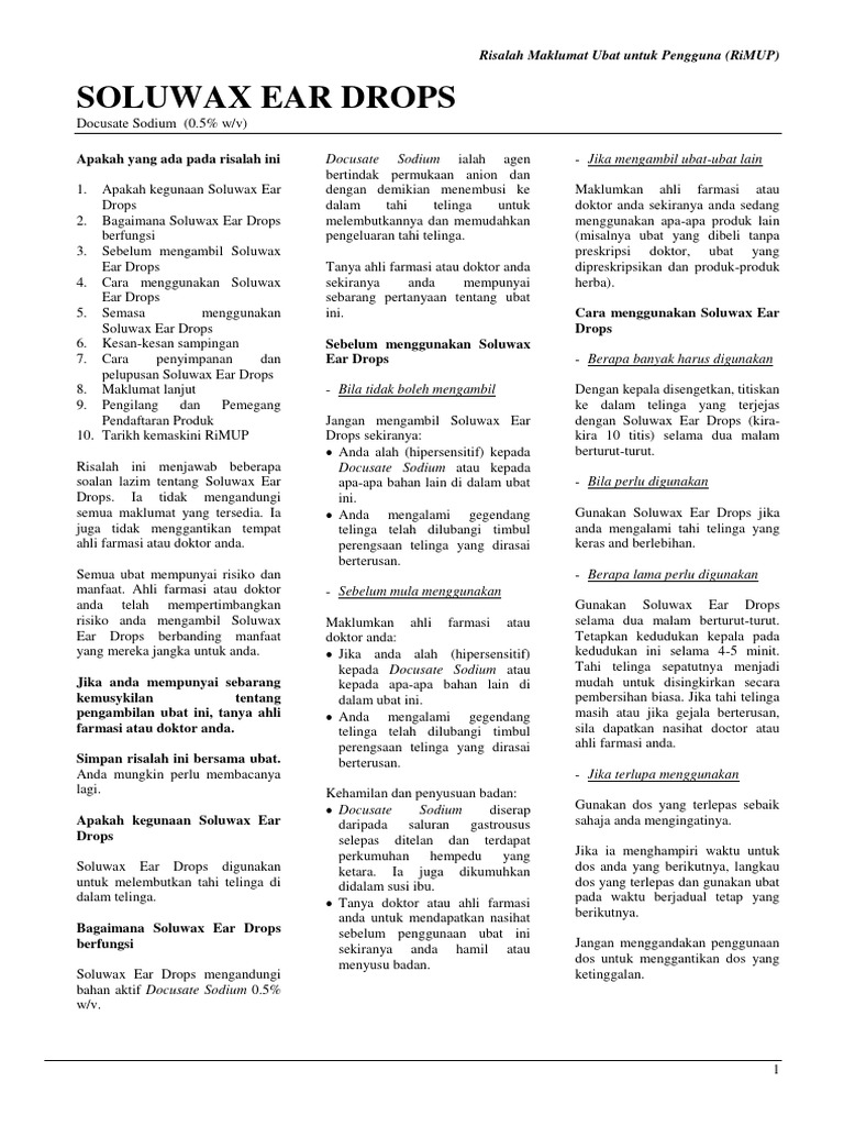 Soluwax Ear Drops Docusate Sodium Hoe Pharmaceutical SDN BHD 22 JUNE ...
