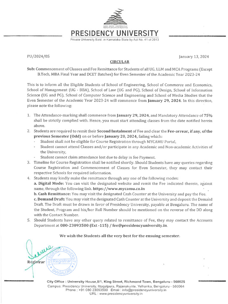 Circular (PU2024005) Commencement of Classes and Fee For Students of ...
