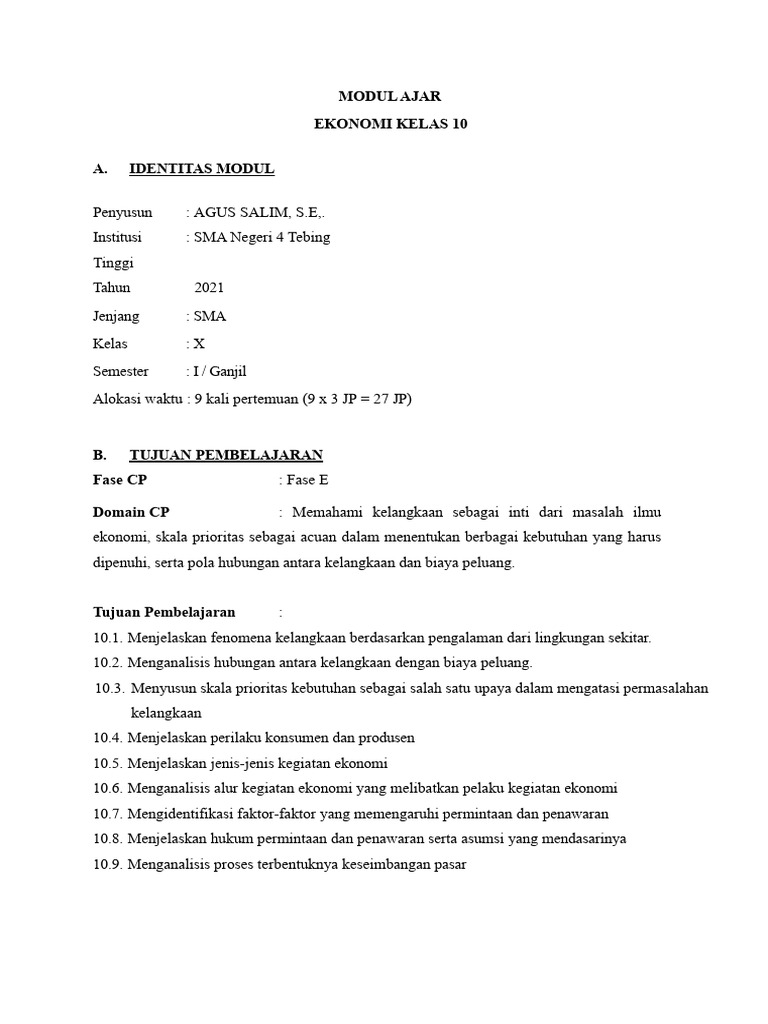Modul Ajar Ekonomi Kelas 10 | PDF
