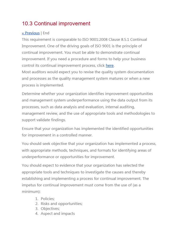 10.3 Continual Improvement: Previous | PDF | Audit | Business Process