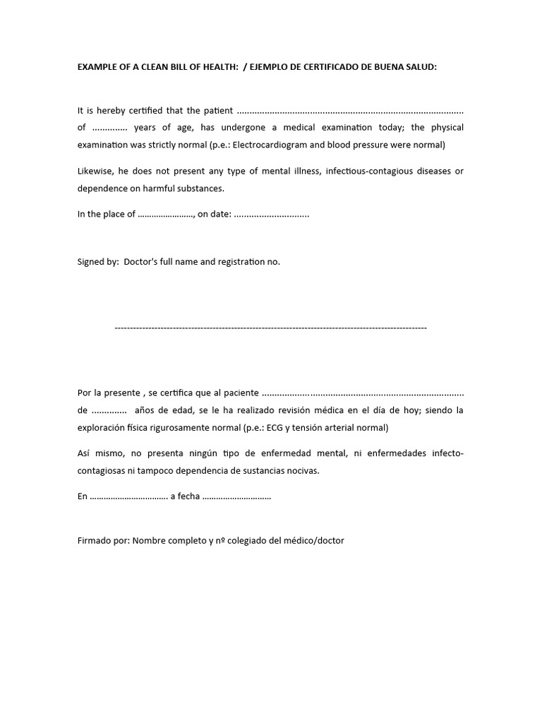 Example of A Clean Bill of Health - Ejemplo Certif Buena Salud | PDF