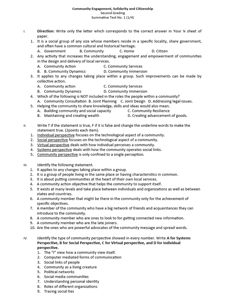 Community Engagement Quarter 1 Summative test 1 | PDF | Community ...