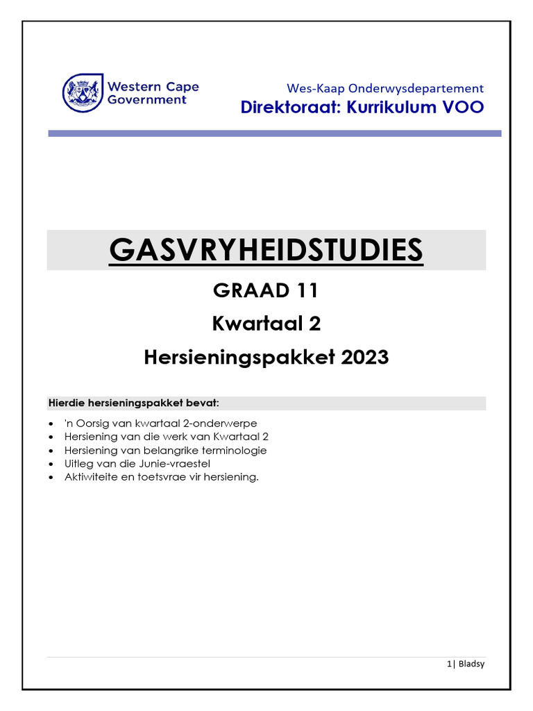 Gasvryheidstudies Graad 11 Hersieningspakket Kwartaal 2 V2023 | PDF