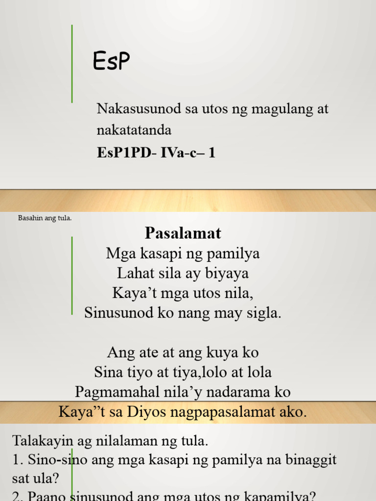 Nakasusunod Sa Utos NG Magulang at Nakatatanda: Esp1Pd-Iva-C - 1 | PDF