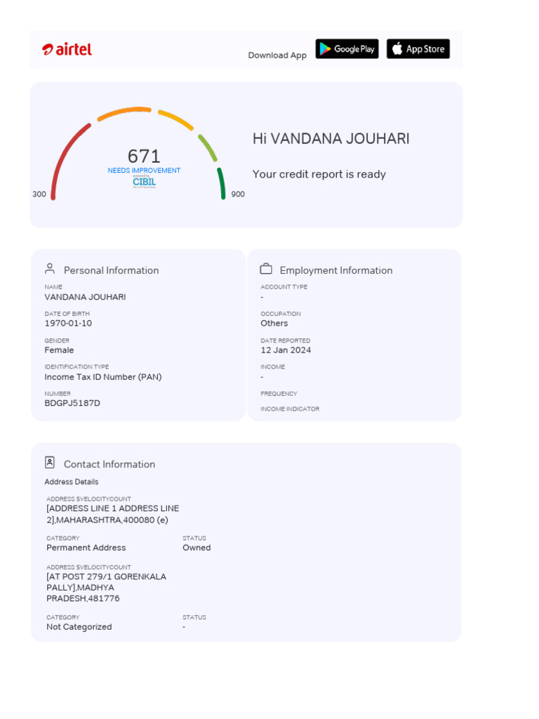 Vandana Cibil Report | PDF | Finance & Money Management | Credit
