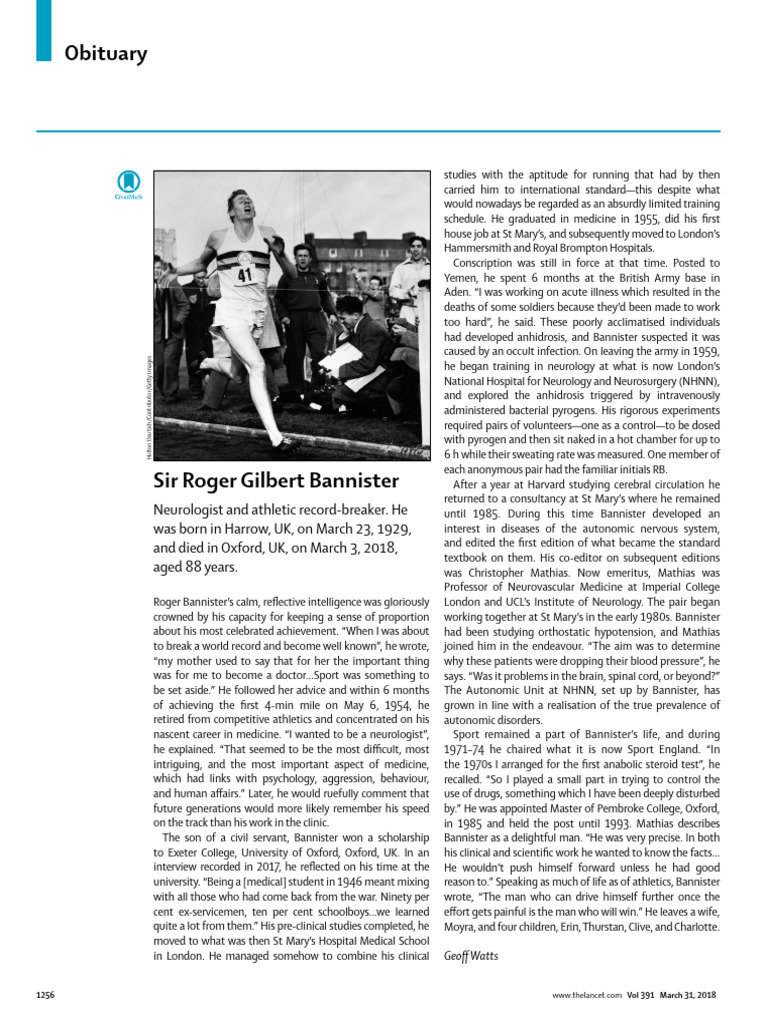 Sir Roger Gilbert Bannister Lancet | PDF | Neurology | Causes Of Death