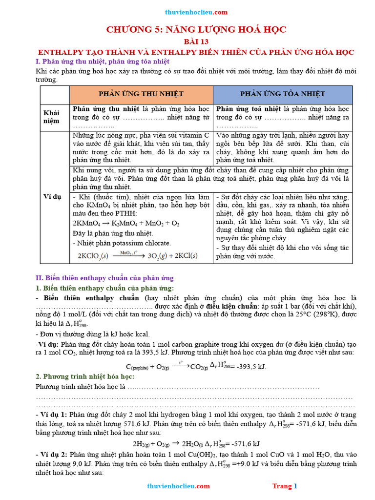 Bai Tap Hoa 10 CTST Bai 13 Enthanpy | PDF