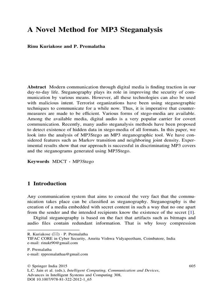A Novel Method For MP3 Steganalysis | PDF | Data Compression | Mp3