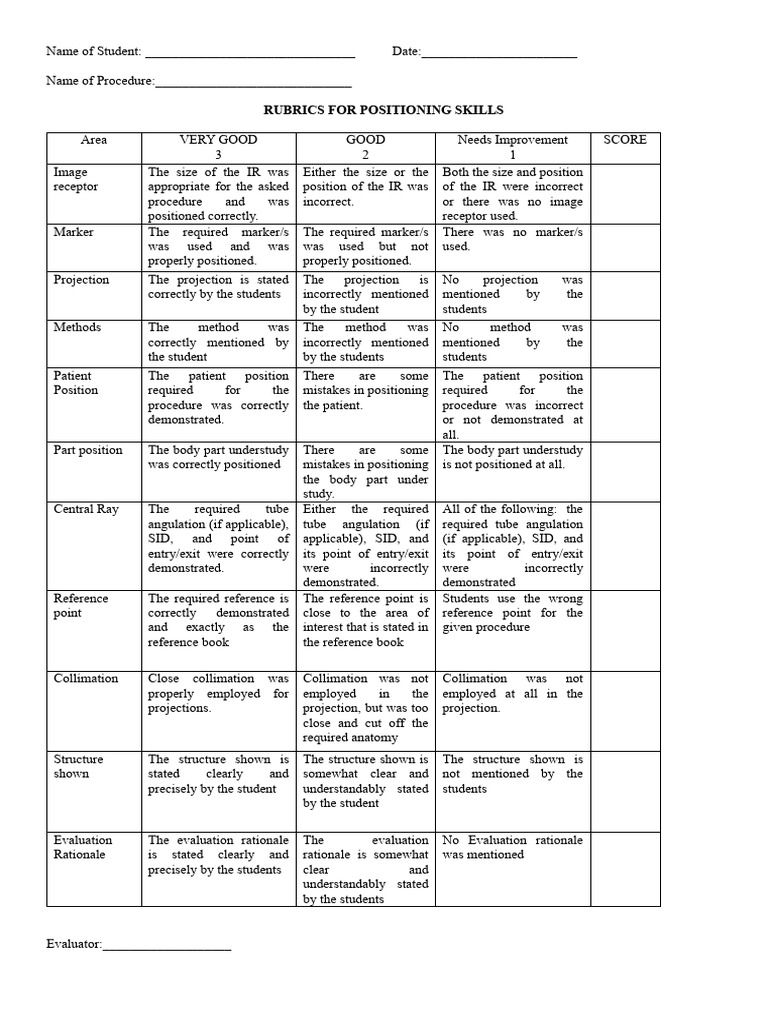 Positioning Skills Assessment Rubric | PDF | Clinical Medicine | Medicine