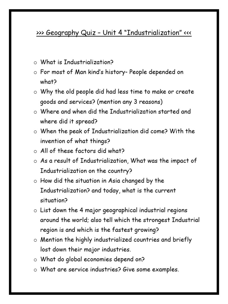 Geography Quiz on Industrialization | PDF | Politics | Social Science
