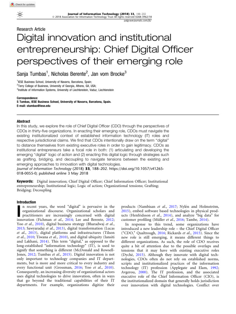 Tumbas Et Al 2018 Digital Innovation and Institutional Entrepreneurship Chief Digital Officer ...