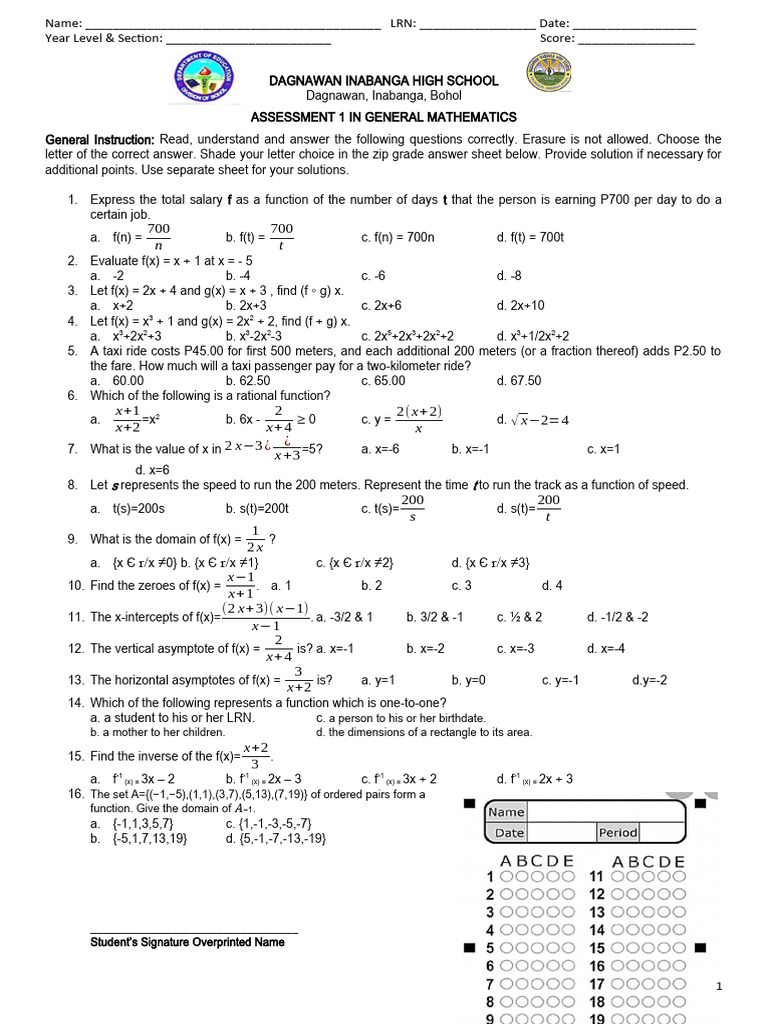 1st SUMMATIVE TEST IN GEN MTH | PDF | Function (Mathematics ...