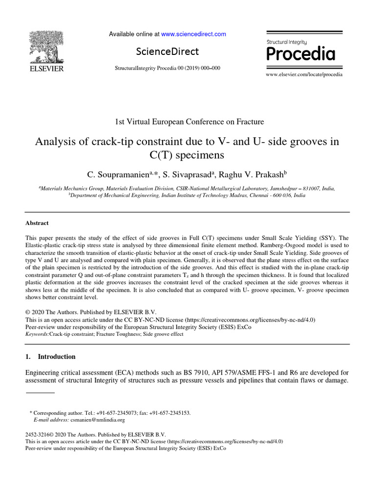 1vecf1 Analysis Of Crack Tip Constraint Due To V And U Side Grooves In C T Specimens Pdf