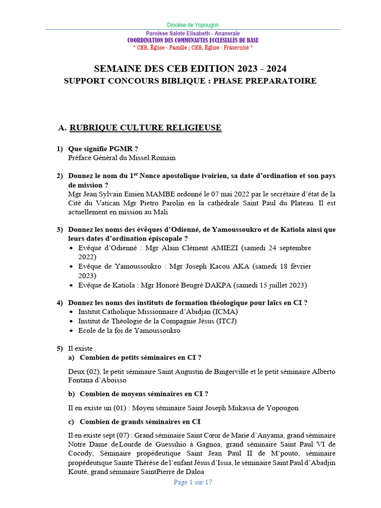 QUESTIONNAIRE CONCOURS BIBLIQUE CEB - Édition 2023-2024 Final | PDF