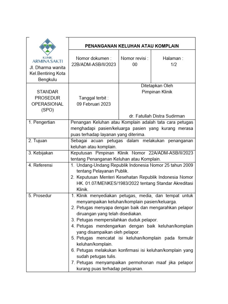 Sop Penanganan Keluhan Atau Komplain | PDF