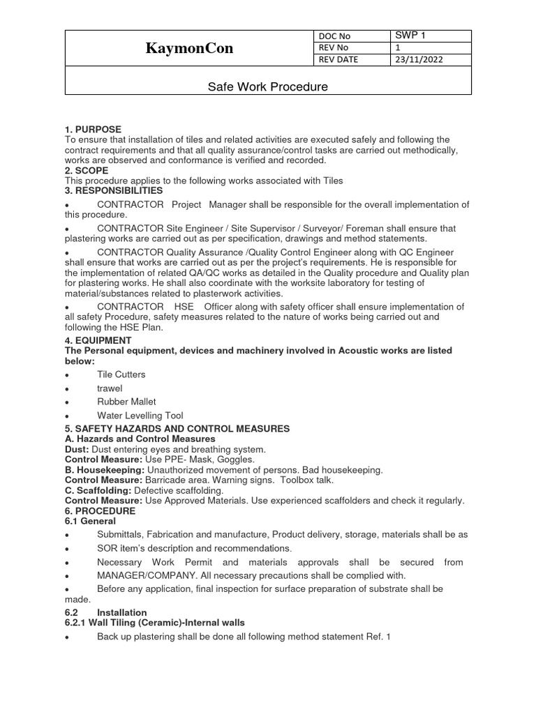 Safe Work Procedure | PDF | Tile | Quality Assurance