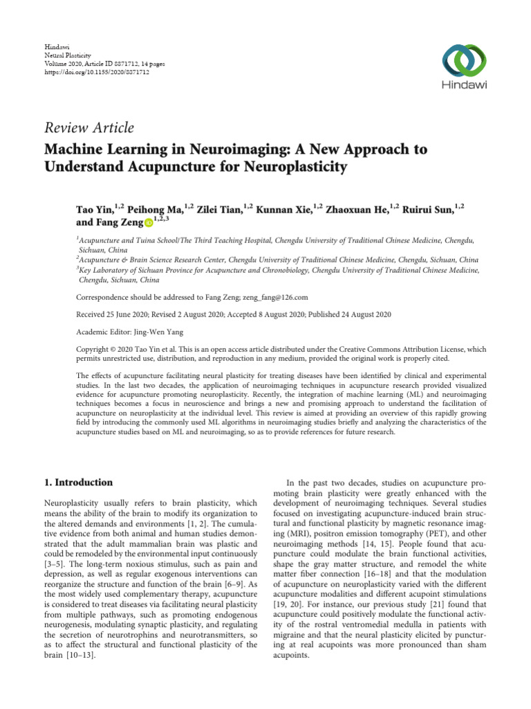 Yin, 2020 - Machine Learning in Neuroimaging A New Approach To | PDF