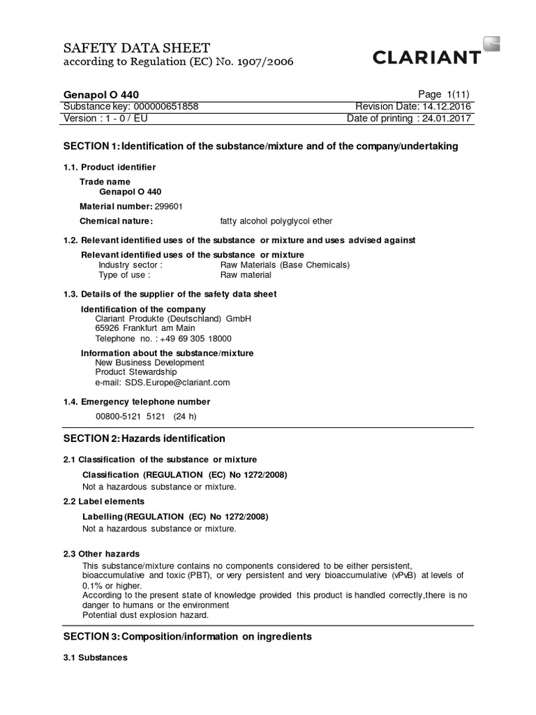 MSDS Genapol O 440 | PDF | Toxicity | Dangerous Goods