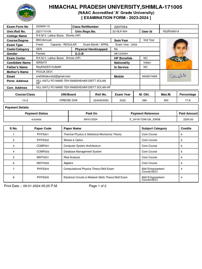 BSC Exam Form 2024 - Himachal Pradesh | PDF | Computing
