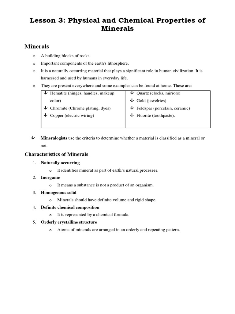 Lesson 3 - Physical and Chemical Properties of Minerals | PDF ...