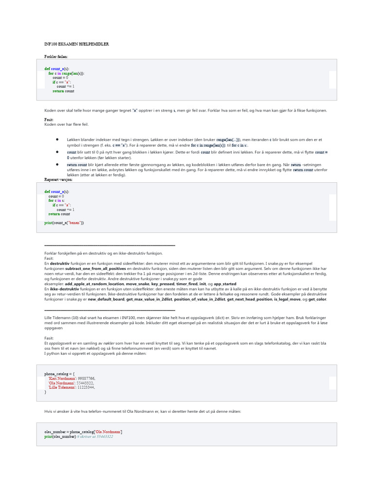Inf100 Eksamen Hjelpemidler | PDF
