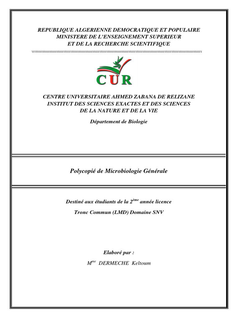 Polycopié de Microbiologie Générale - Mme Dermeche Keltoum | PDF | Bactérie | Prokaryota