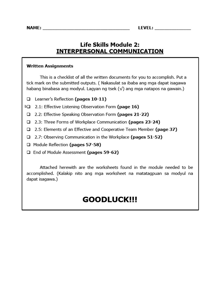 Life Skills Module 2-Worksheets | PDF | Communication | Body Language