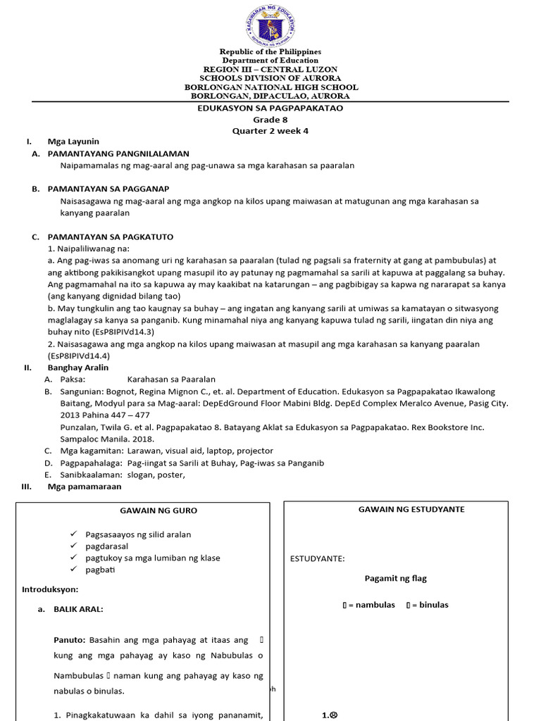 Detailed Lesson Plan KARAHASAN SA PAARALAN | PDF