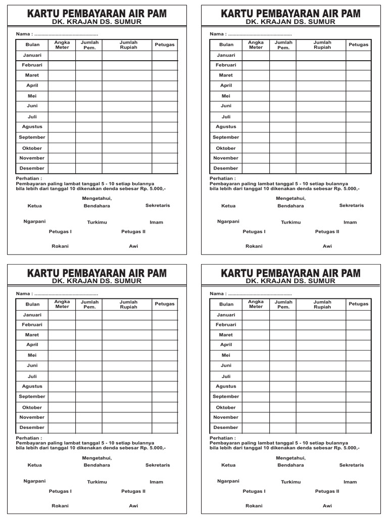 Kartu Pembayaran Air Pam DK Krajan Ds. Sumur | PDF