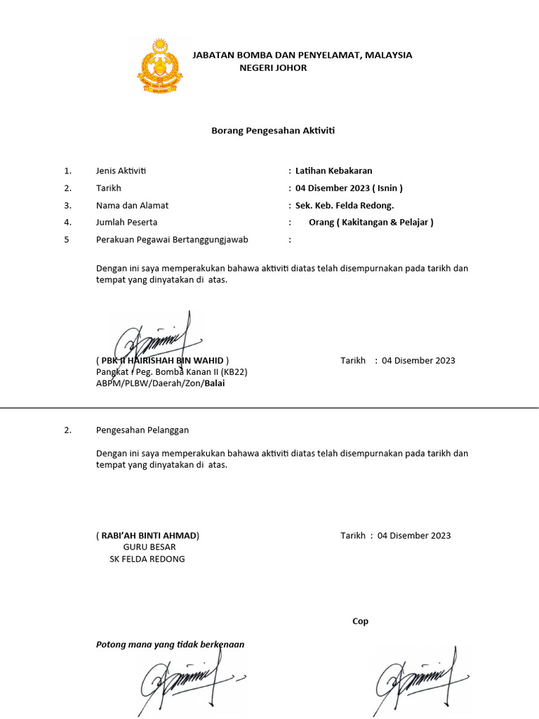 Borang Pengesahan Aktiviti | PDF