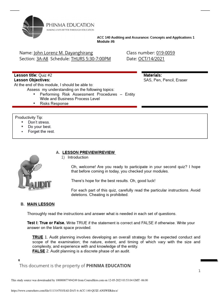 ACC 140 Quiz on Audit Procedures | PDF | Internal Control | Financial Audit