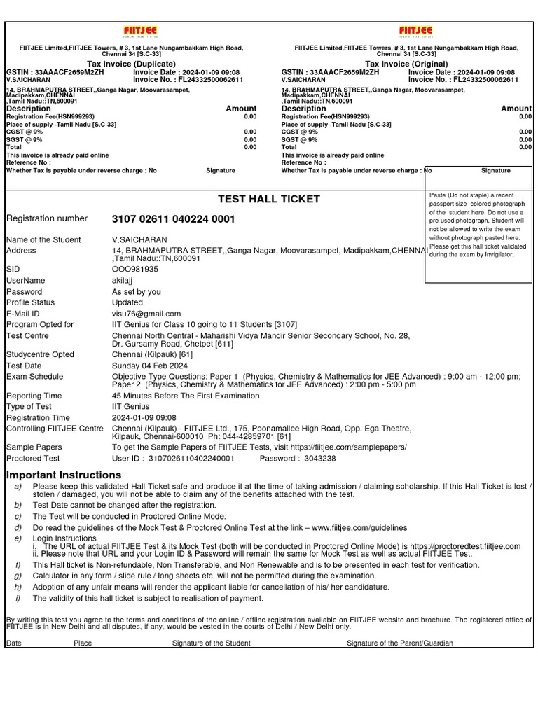 Test Hall Ticket 3107 02611 040224 0001: Registration Number | PDF