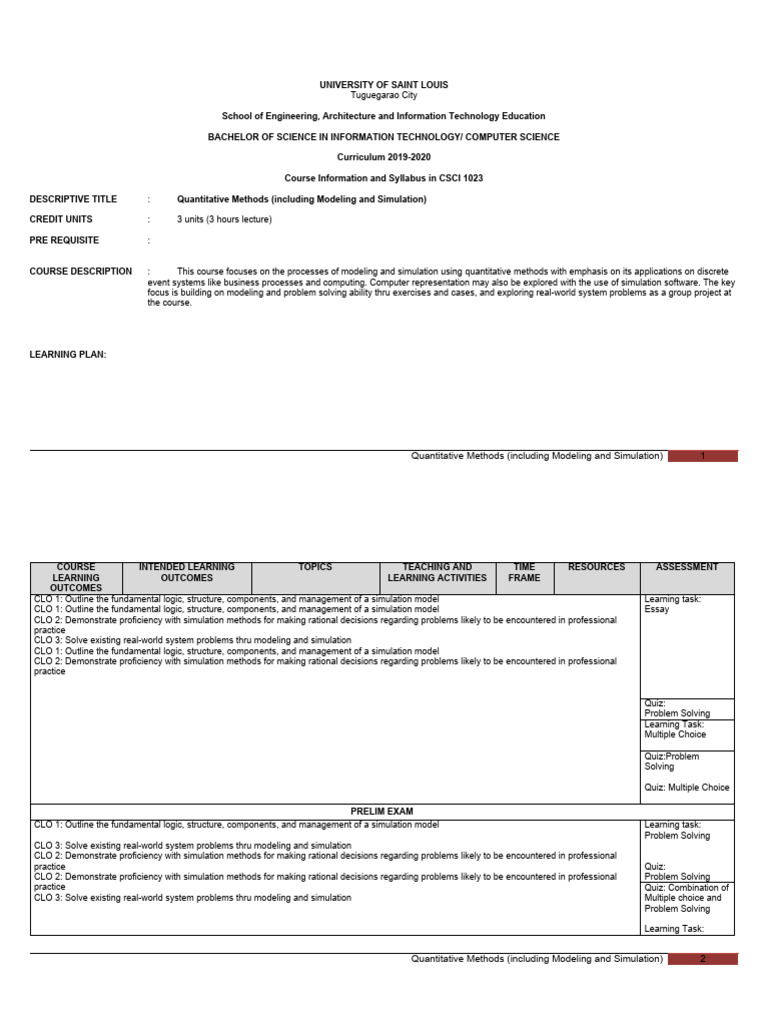 Syllabus For Quantitative Methods With Modeling and Simulation | PDF | Simulation | Conceptual Model