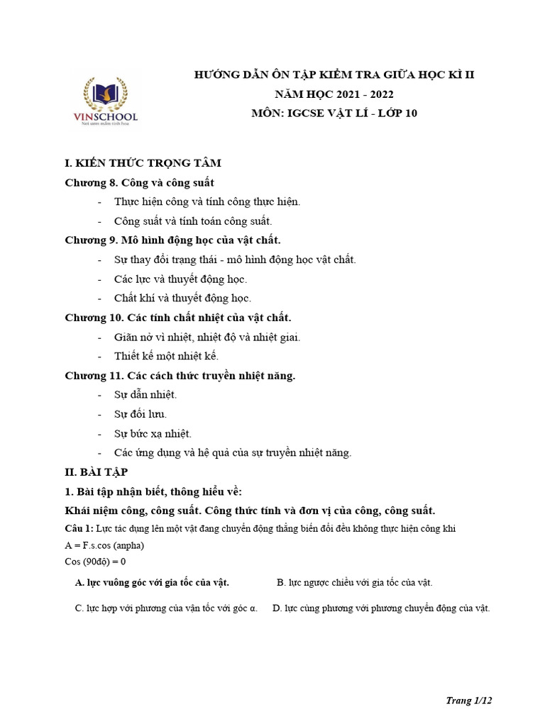 TRH CPK - KHOI 10 - DE CUONG ON TAP GIUA HOC KI II - MON VAT LY | PDF