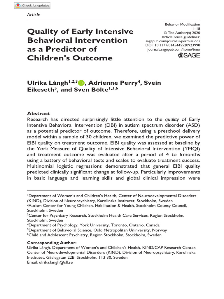 Quality of Early Intensive Behavioral Intervention As A Predictor of ...