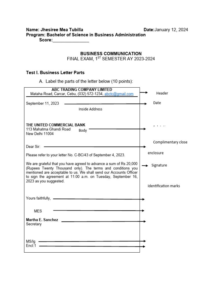 Business Communication Final Exam 2023 2024 | PDF | Communication | Human Communication